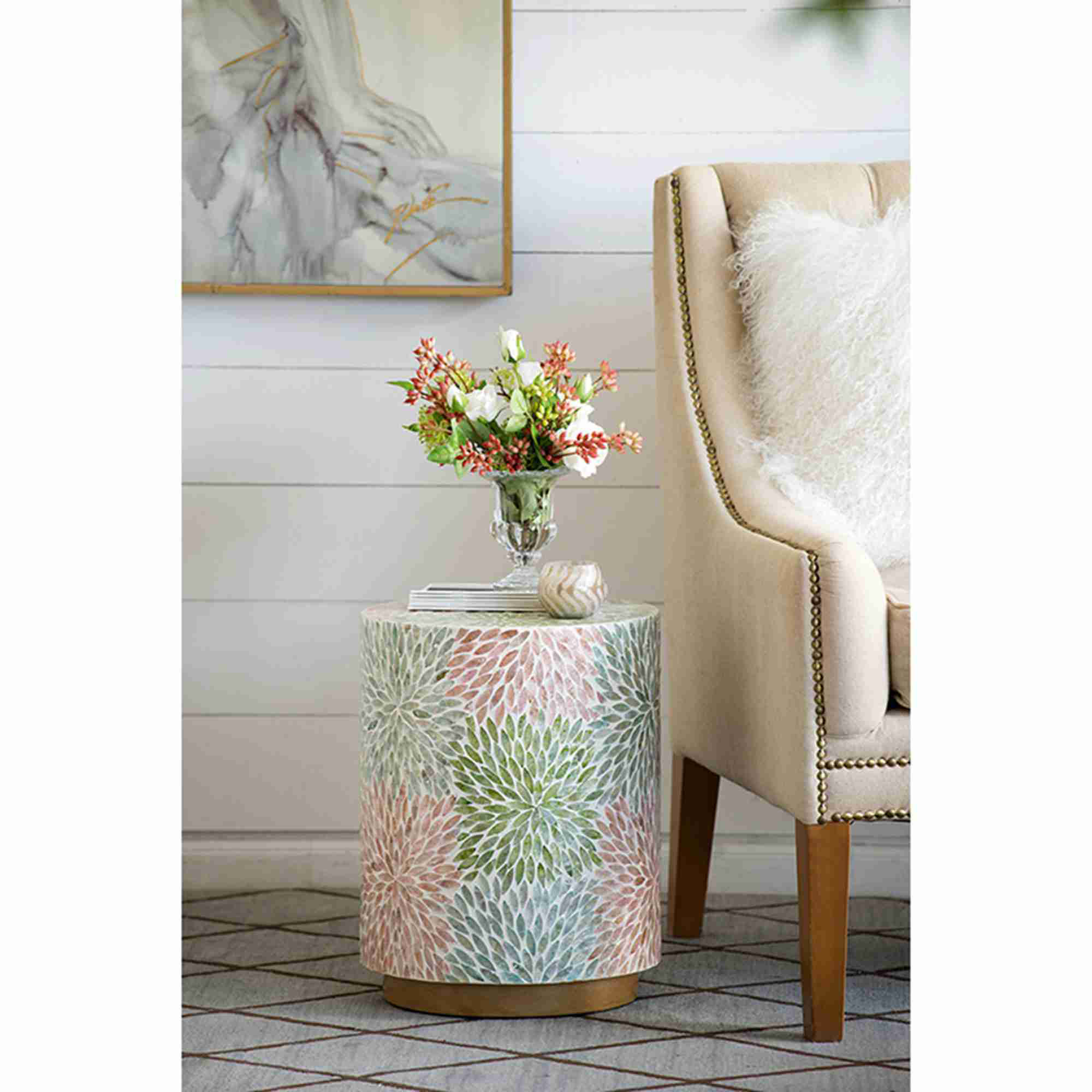 Dakota Fields D14x18" Cylindrical Garden Capiz Stool, Accent Side Table, Green/Pink - Wayfair Canada